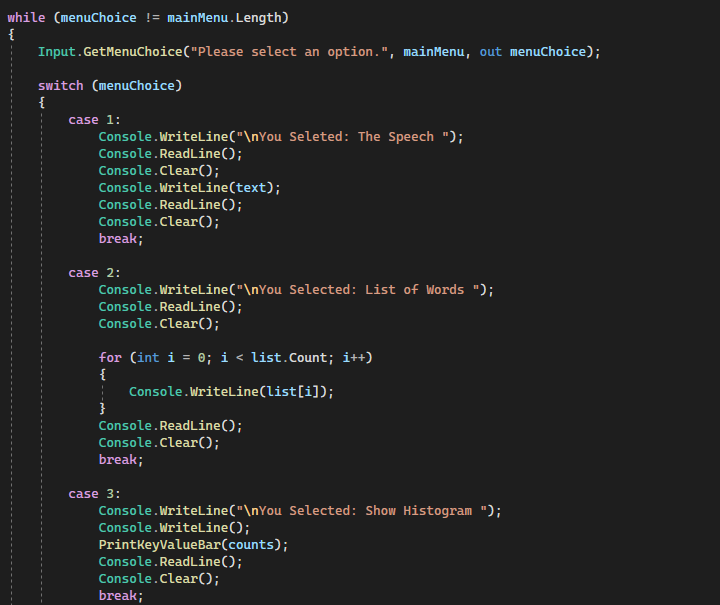 Solved case 4: Console. WriteLine("\nYou Selected: Search | Chegg.com