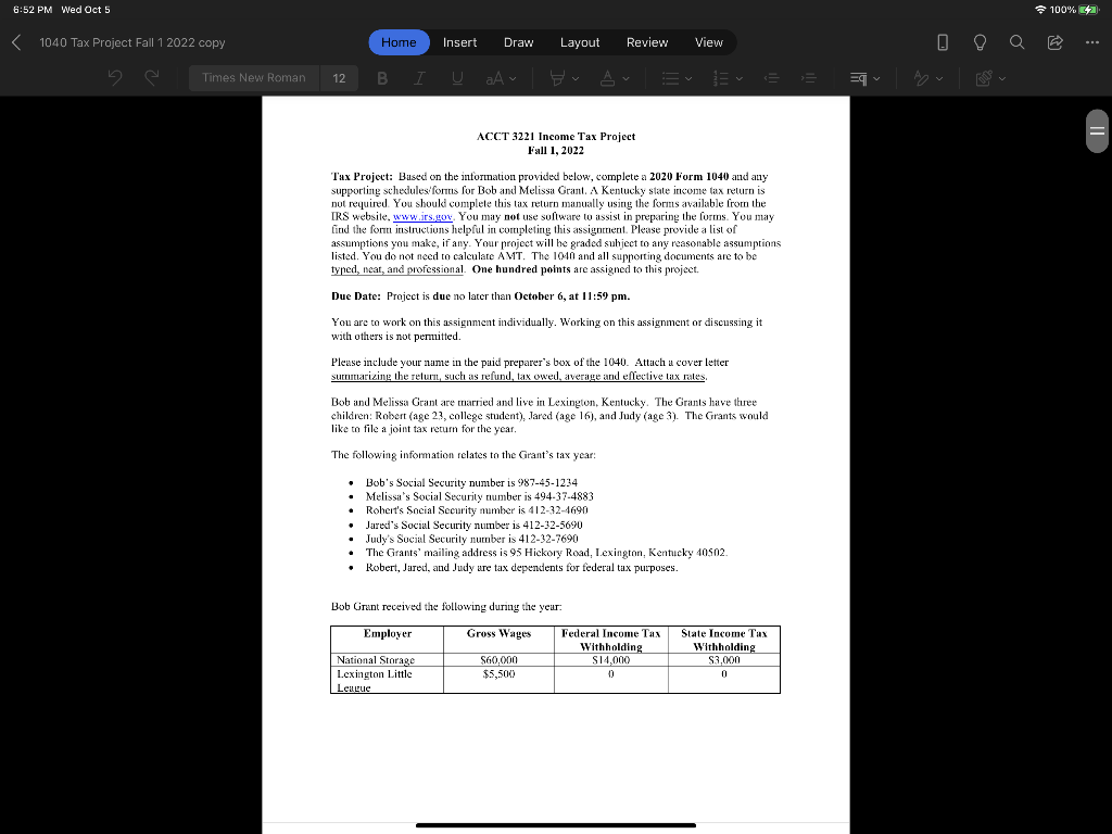 ACCT 3221 Income Tax Project Fall 1, 2022 Tax | Chegg.com