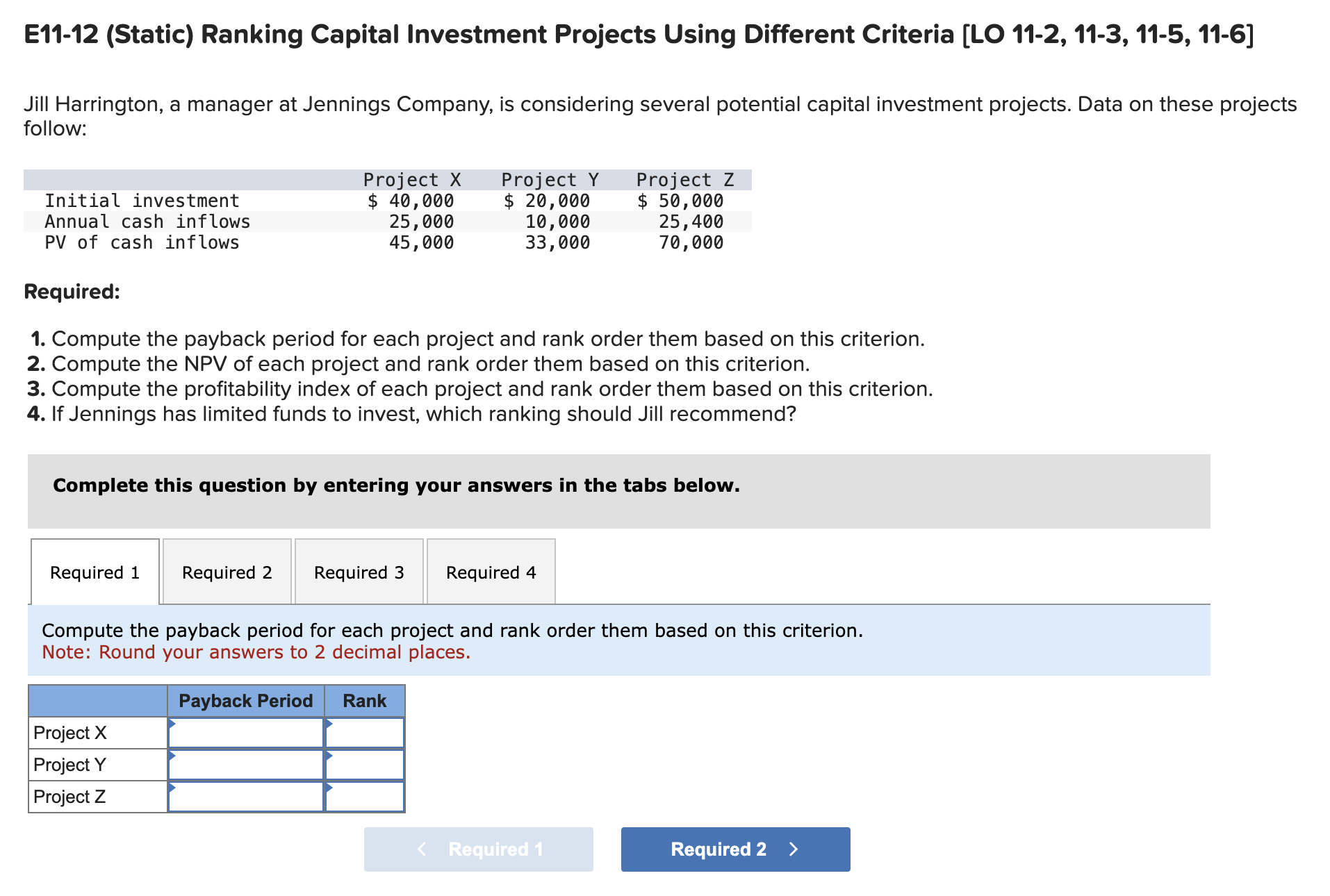 Solved E11-12 (Static) Ranking Capital Investment Projects | Chegg.com