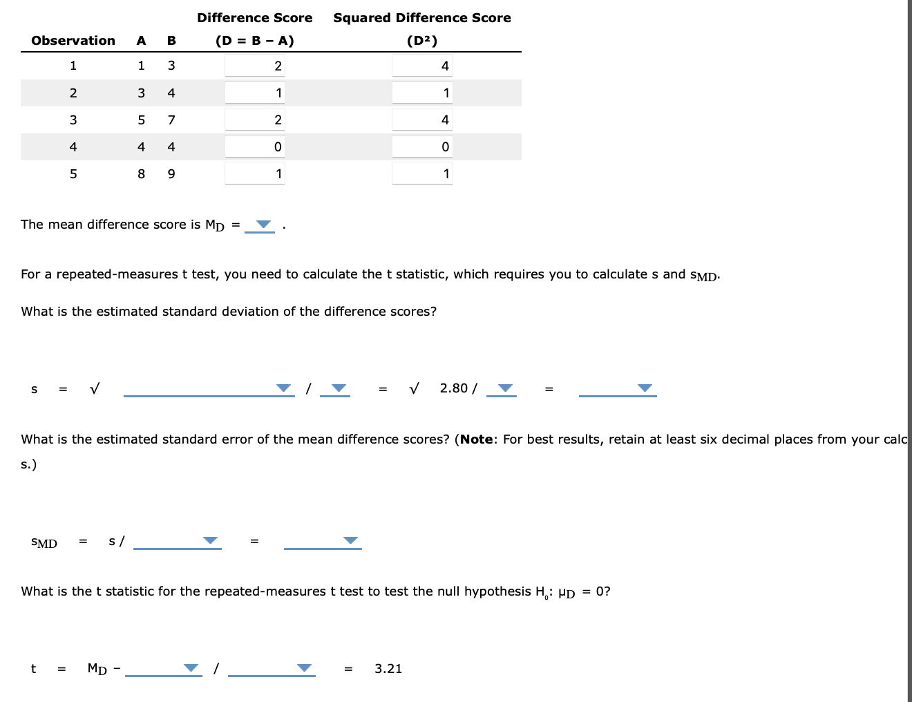 Solved The mean difference score is MD= For a | Chegg.com