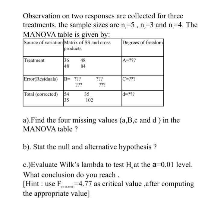 Solved Observation on two responses are collected for three | Chegg.com