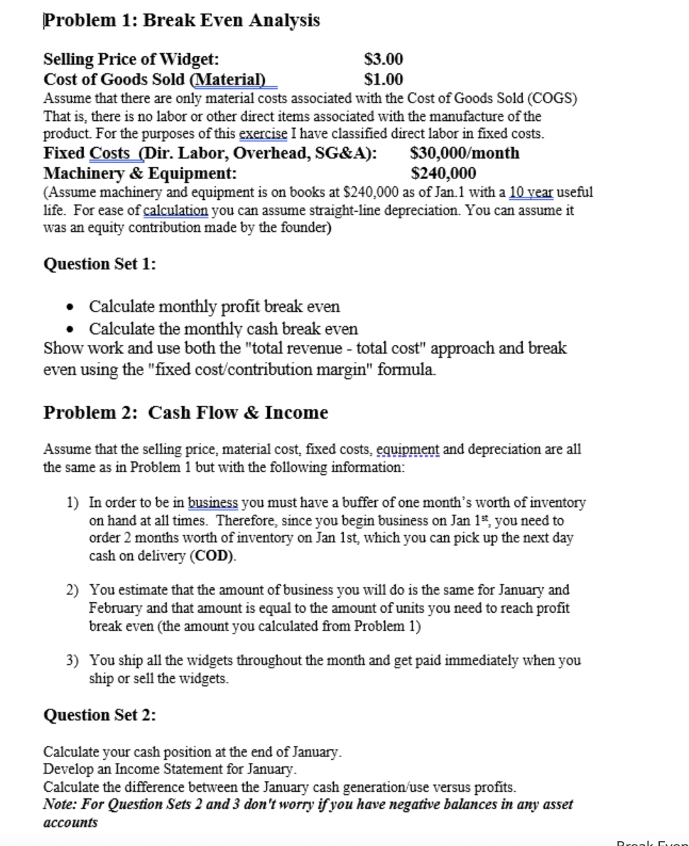 Solved Problem 1: Break Even Analysis Selling Price of | Chegg.com