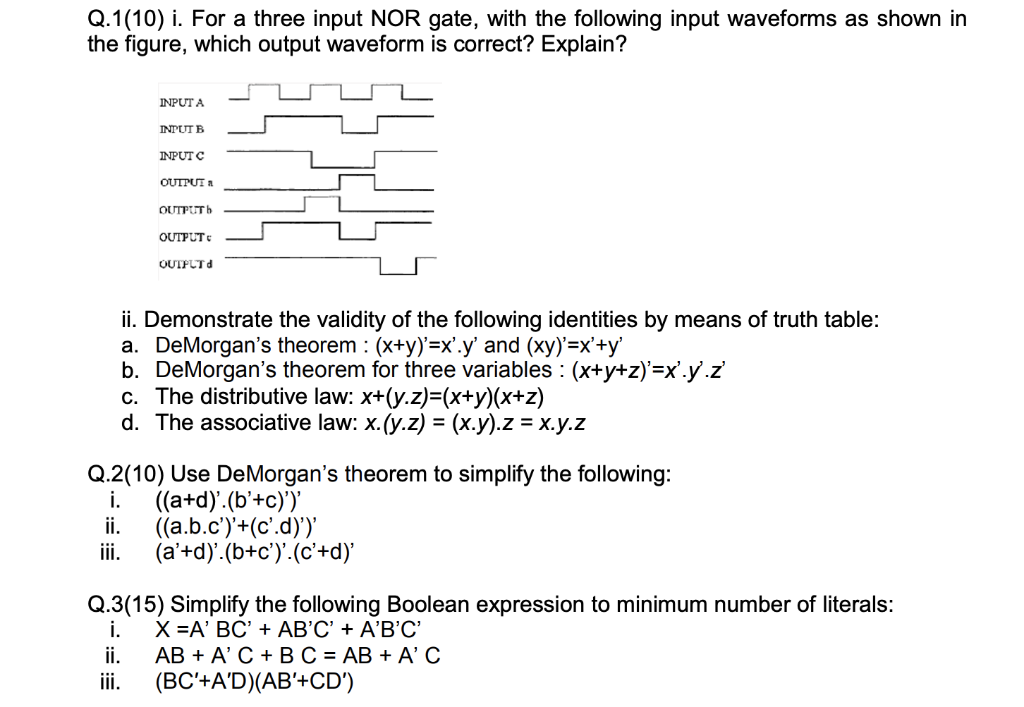 Solved Q.1(10) i. For a three input NOR gate, with the | Chegg.com