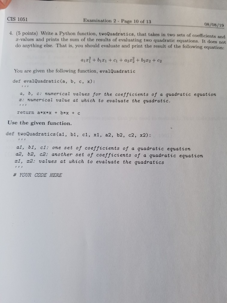 Solved CIS 1051 Examination 2 - Page 10 of 13 08/08/19 4. (5 | Chegg.com