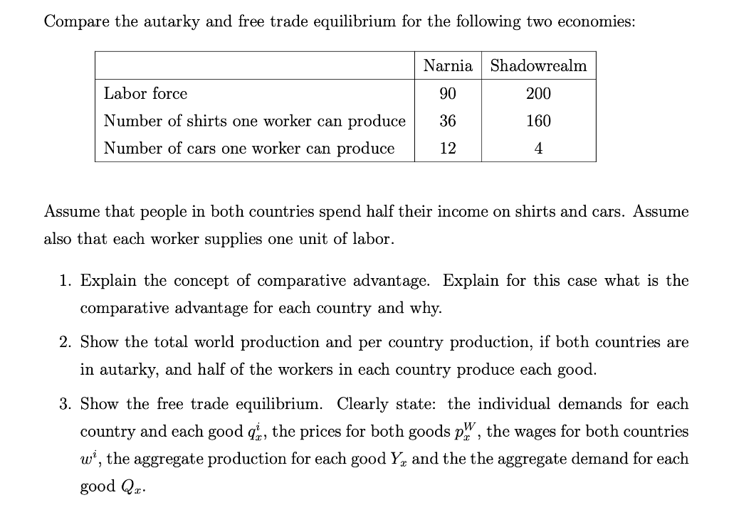Compare the autarky and free trade equilibrium for | Chegg.com