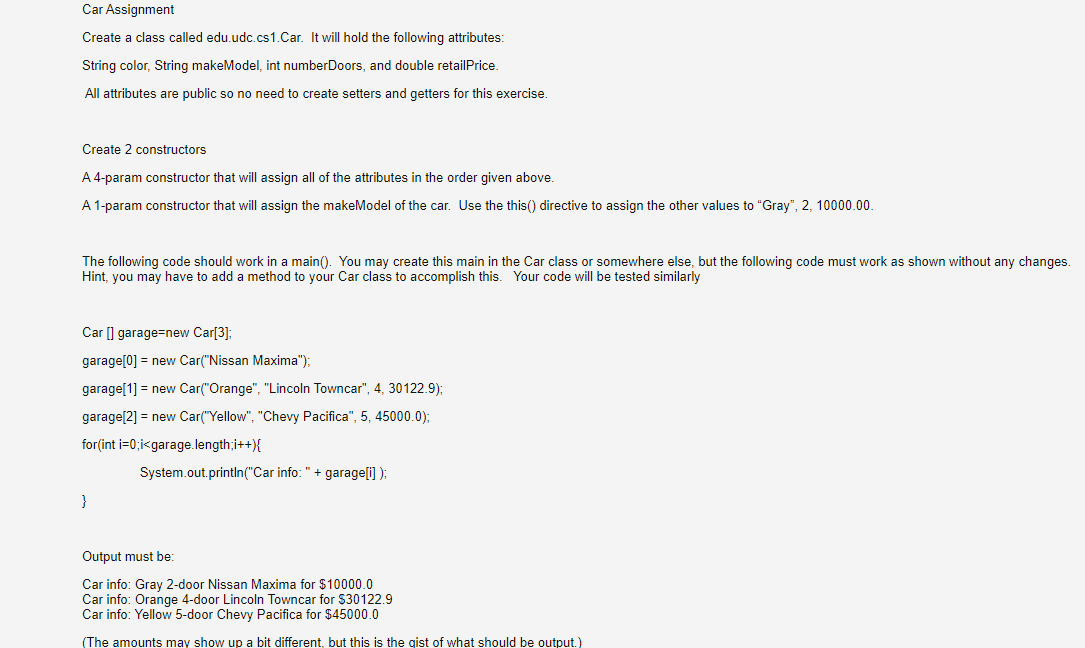 Solved Car Assignment Create a class called edu.udc.cs1. | Chegg.com