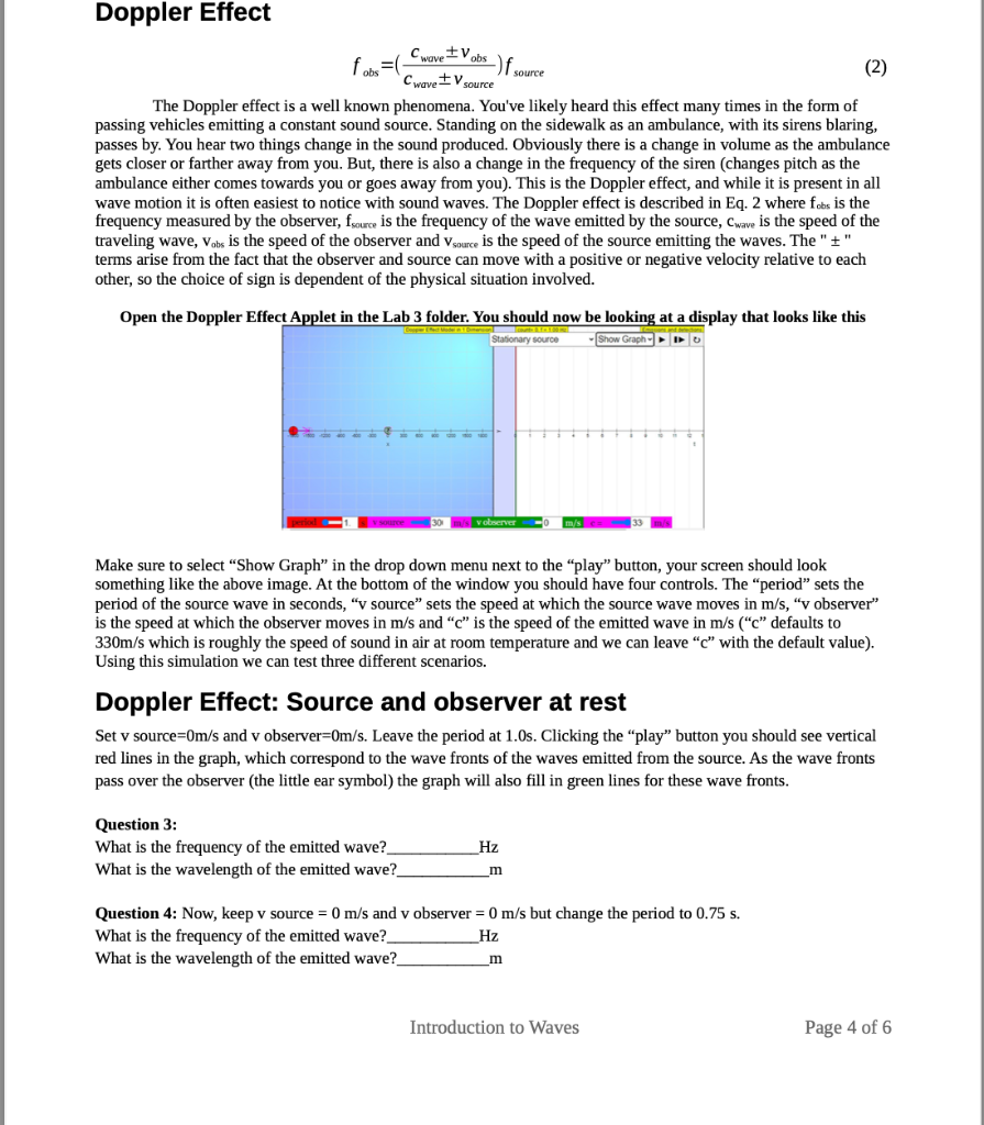 Doppler Effect fobs =(cwave ±vsource cwave ±vobs | Chegg.com