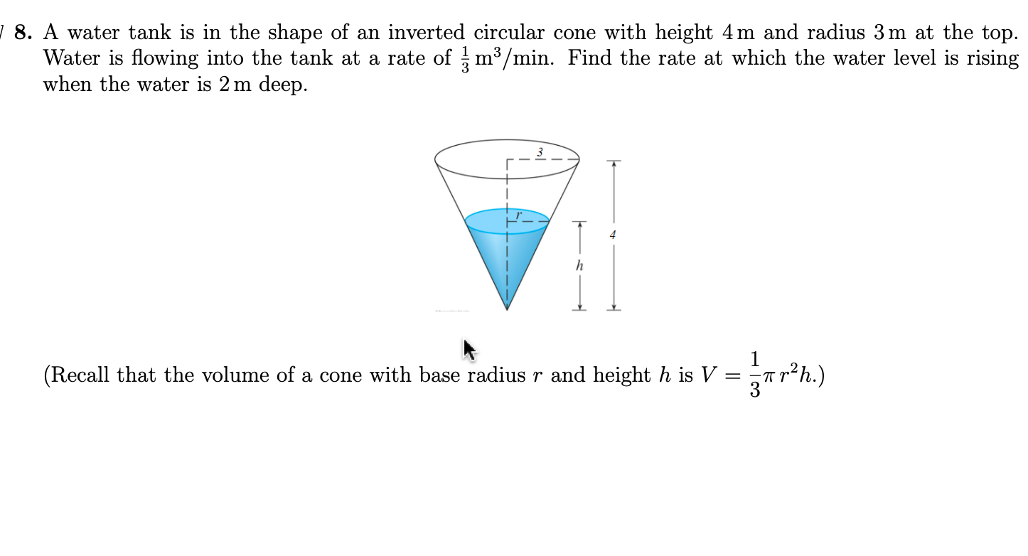 Solved 8. A water tank is in the shape of an inverted | Chegg.com