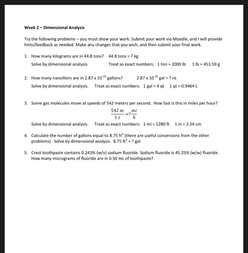 Solved Week 2-Dimensional Analysis Try the following | Chegg.com