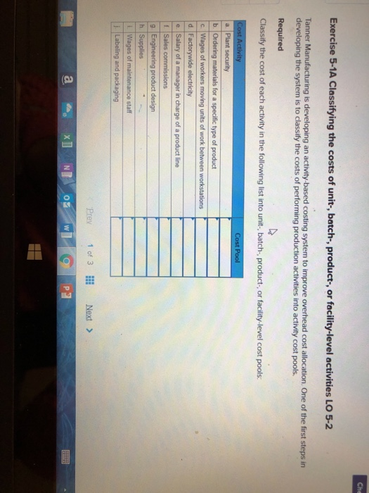 Solved Exercise 5-1A Classifying the costs of unit-, batch-, | Chegg.com