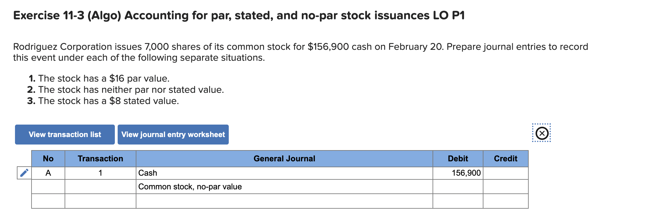 Solved Exercise 11-3 (Algo) Accounting for par, stated, and | Chegg.com