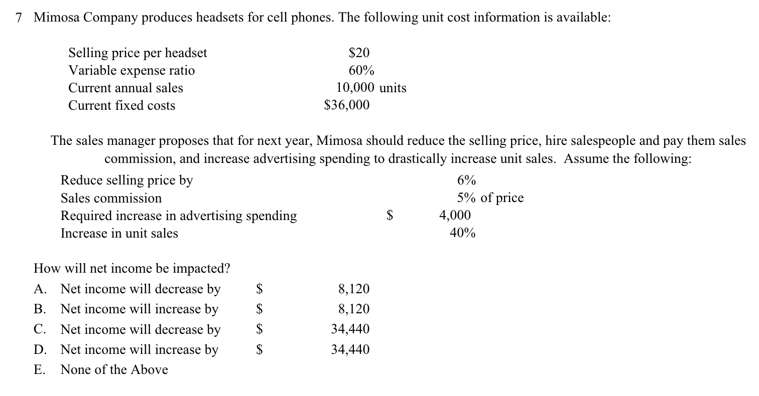Solved Mimosa Company produces headsets for cell phones. The | Chegg.com