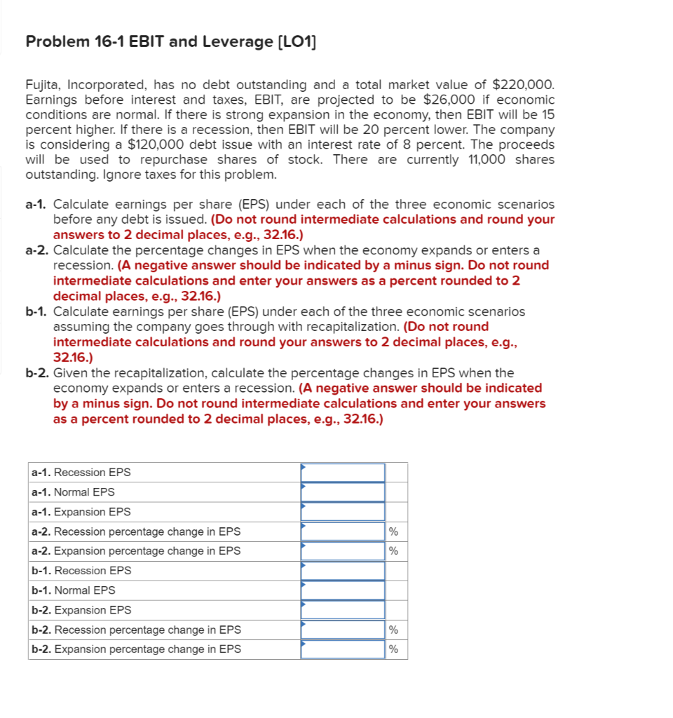 Solved Problem 16-1 EBIT and Leverage [LO1] Fujita, | Chegg.com