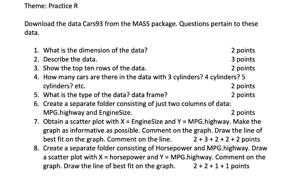 Download the data Cars93 from the MASS package. | Chegg.com