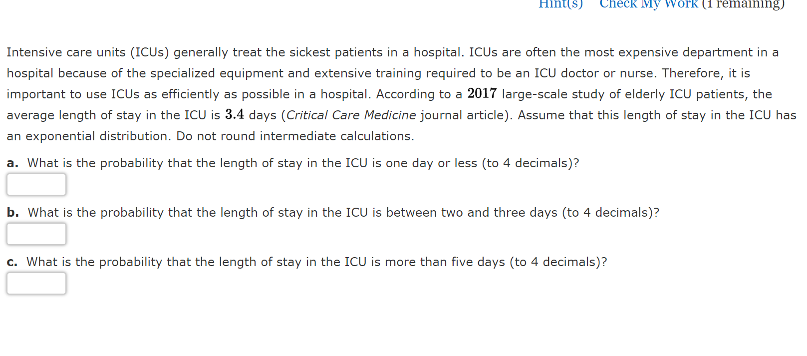 Solved Hint(s) Check My Work (1 remaining) Intensive care | Chegg.com