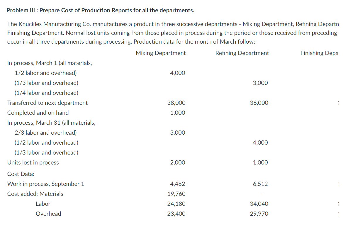 Problem III: Prepare Cost of Production Reports for | Chegg.com