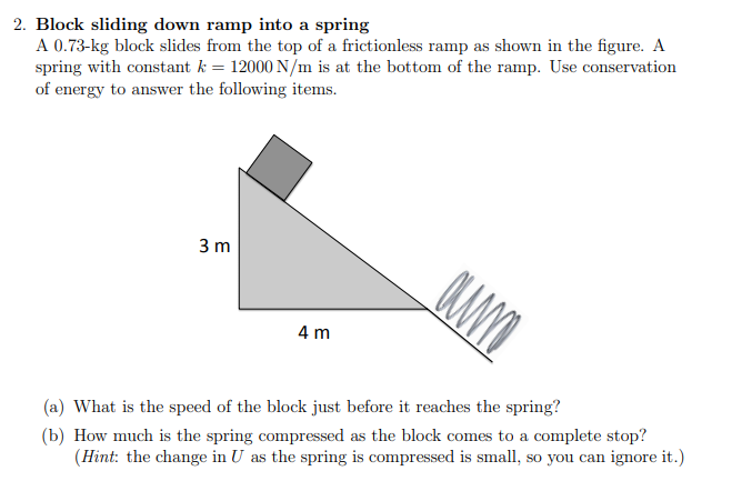 Solved 2. Block sliding down ramp into a spring A 0.73-kg | Chegg.com