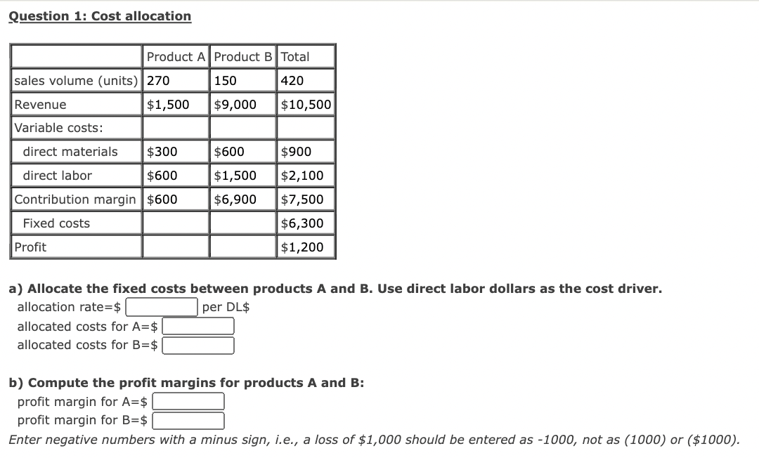 Solved Question 1: Cost allocation a) Allocate the fixed | Chegg.com
