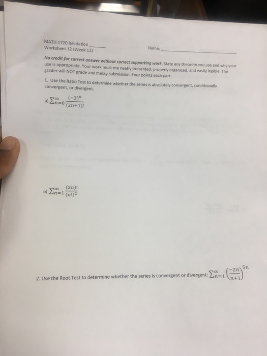 Solved MATH 1720 Recitation Worksheet 12 (Week 13) Name: No | Chegg.com