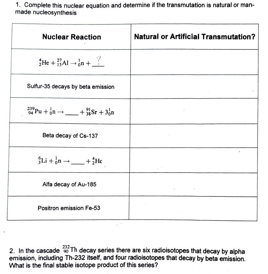 Solved 1. Complete this nuclear equation and determine if | Chegg.com