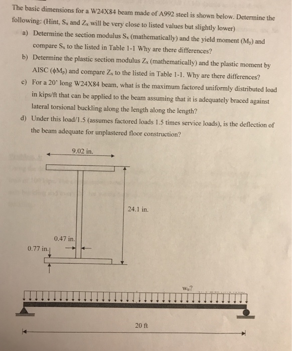 Solved The basic dimensions for a W24X84 beam made of A992 | Chegg.com