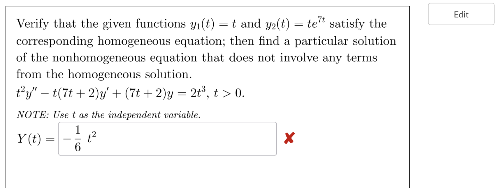 Solved Verify that the given functions y1(t)=t ﻿and | Chegg.com