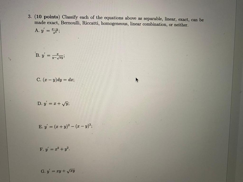 Solved 3. (10 points) Classify each of the equations above | Chegg.com