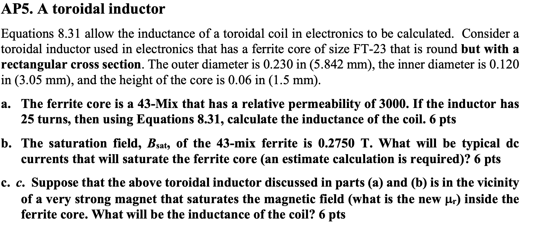 AP5. A toroidal inductor . a Equations 8.31 allow the | Chegg.com