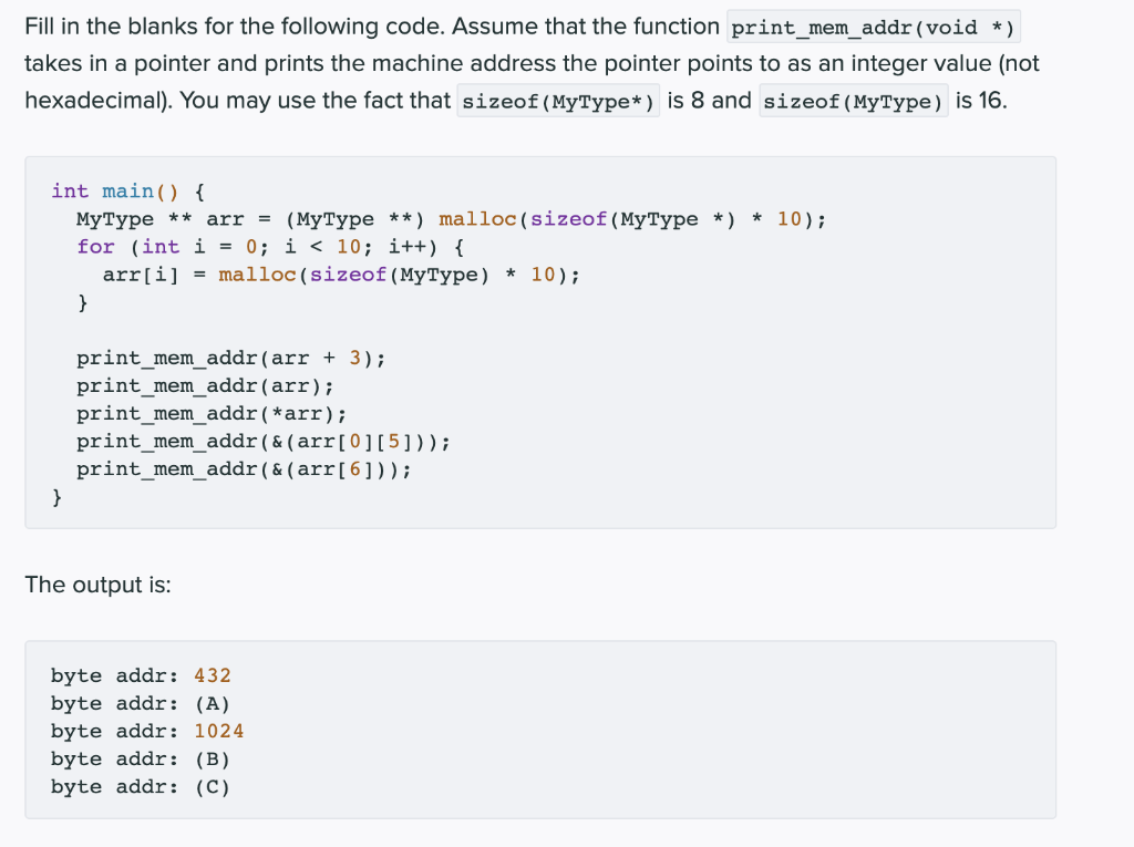 Solved Fill in the blanks for the following code. Assume | Chegg.com