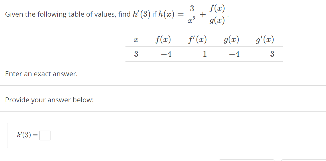 Solved Given the following table of values, find h′(3) if | Chegg.com