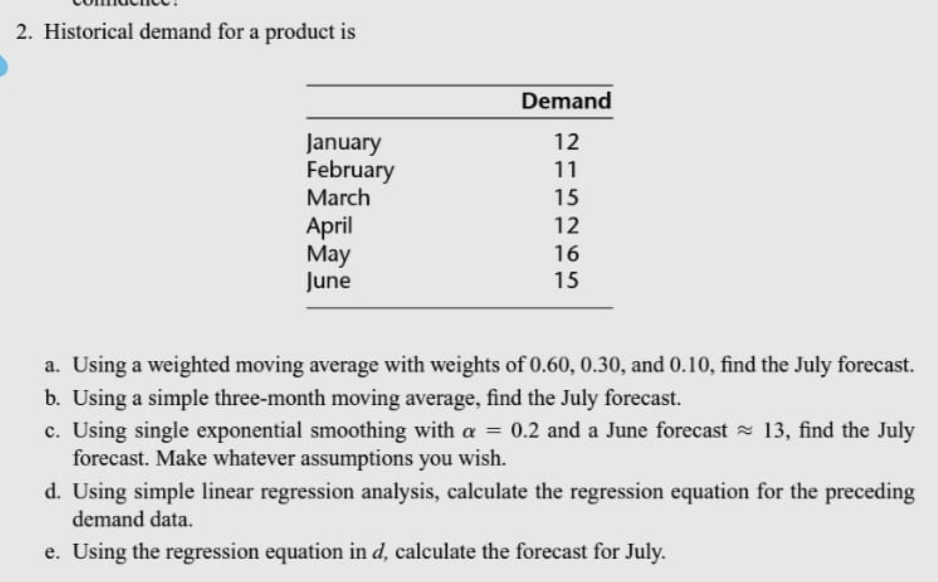 Solved 2. Historical demand for a product is Demand January | Chegg.com