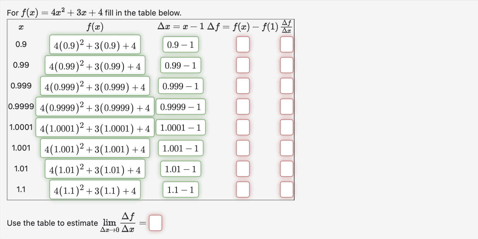 Solved For f(x)=4x2+3x+4 fill in the table below. Use the | Chegg.com