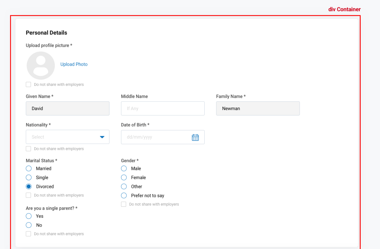 Solved div Container Personal Details Upload profile picture | Chegg.com