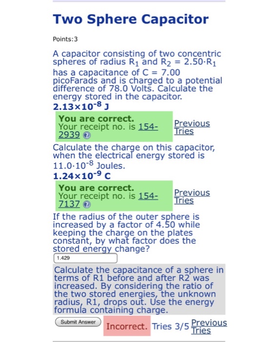 Solved Two Sphere Capacitor Points:3 A capacitor consisting | Chegg.com