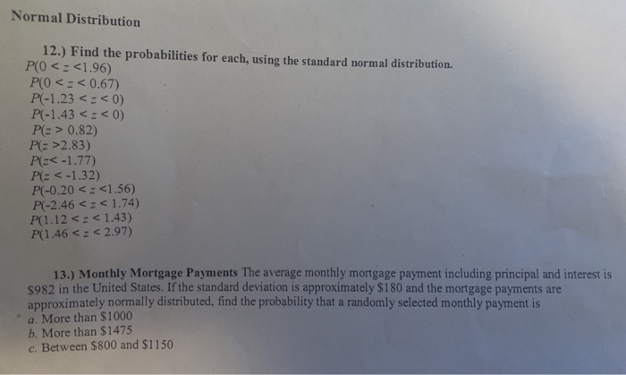 Solved Normal Distribution 12.) Find the probabilities for | Chegg.com