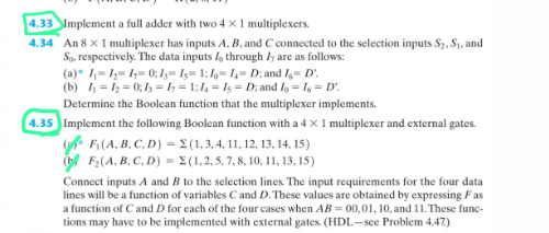 Solved 1.33 Implement a full adder with two 4×1 | Chegg.com