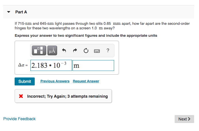 Solved Part A If 715-nm and 645-nm light passes through two | Chegg.com