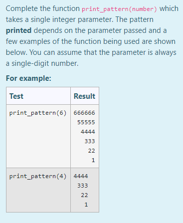 Solved Complete the function print_pattern(number) which | Chegg.com