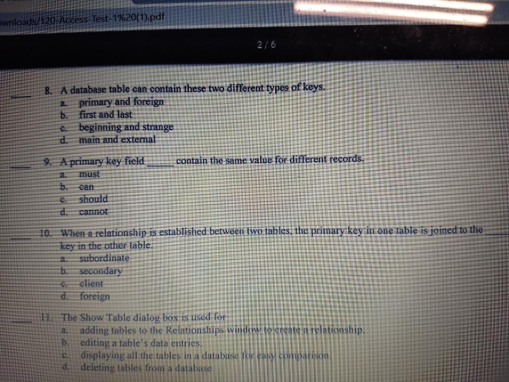 Solved ownloads/120-Access-Test-1920(1).pdf 2/6 T A database | Chegg.com