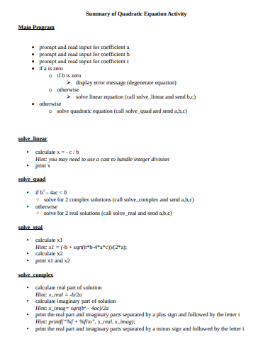 Solved Summary of Quadratic Equation Activity Main Pangram • | Chegg.com