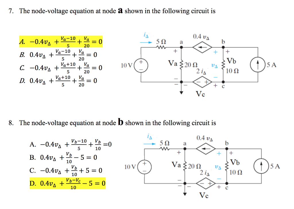 Solved 7. The node-voltage equation at node a shown in the | Chegg.com
