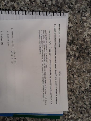 Solved Name MATH 1314 - Lab Module 1 For each of the | Chegg.com