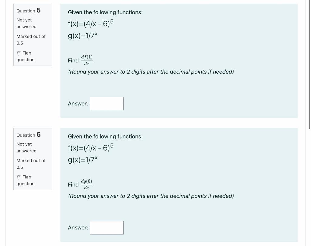 Solved Given the following functions: f(x)=(4/x−6)5g(x)=1/7x | Chegg.com