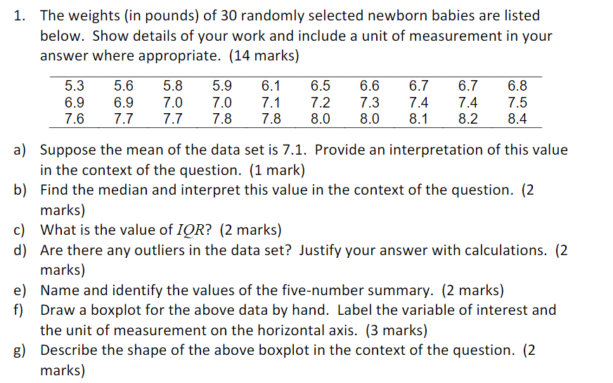 Solved 1. The weights (in pounds) of 30 randomly selected | Chegg.com