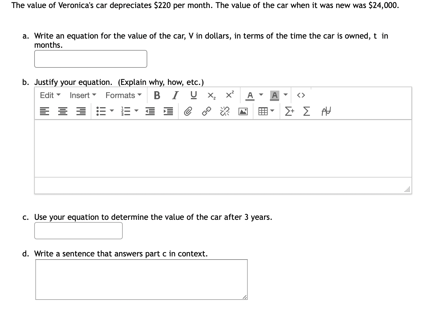 Solved a. Write an equation for the value of the car, V in | Chegg.com
