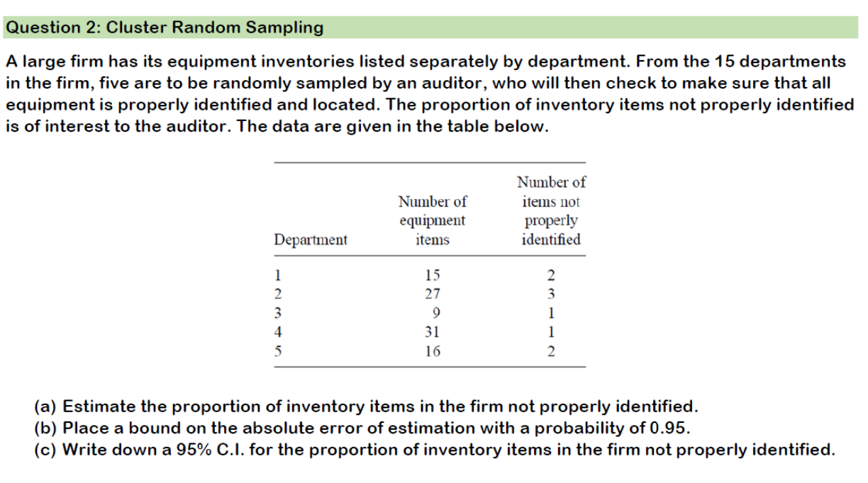 Solved Question 2: Cluster Random Sampling A large firm has | Chegg.com