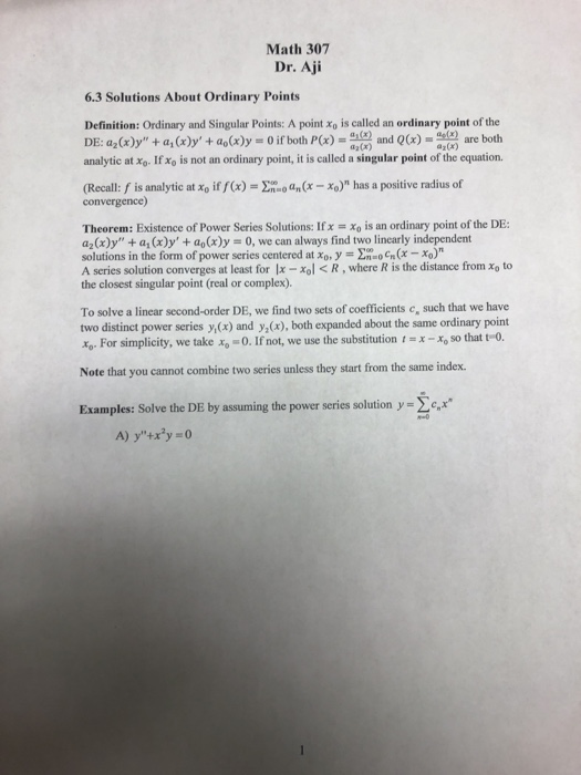 Solved Math 307 Dr. Aji 6.3 Solutions About Ordinary Points | Chegg.com