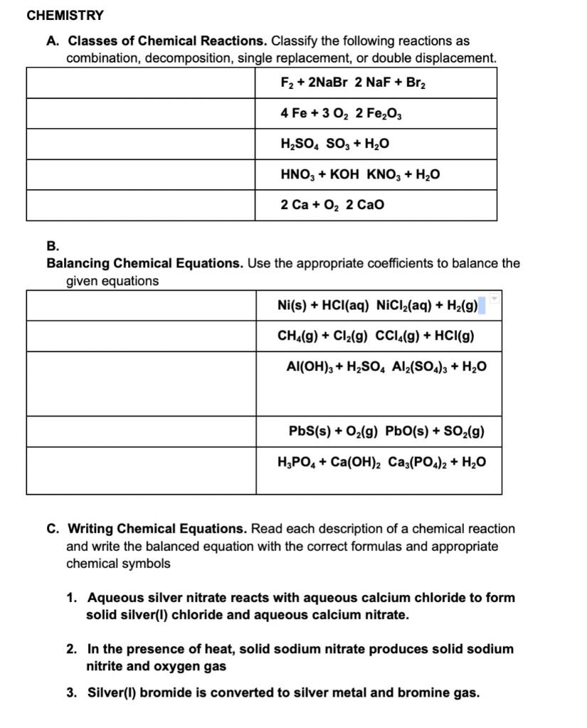 Solved CHEMISTRY A. Classes of Chemical Reactions. Classify | Chegg.com