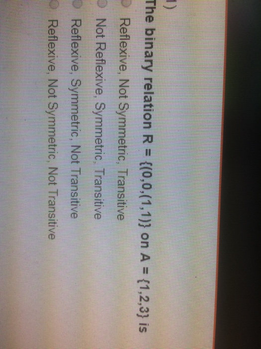 Solved The binary relation R (0,0,(1,1) on A (1.2,3) is | Chegg.com