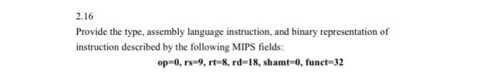 Solved 2.16 Provide the type, assembly language instruction, | Chegg.com